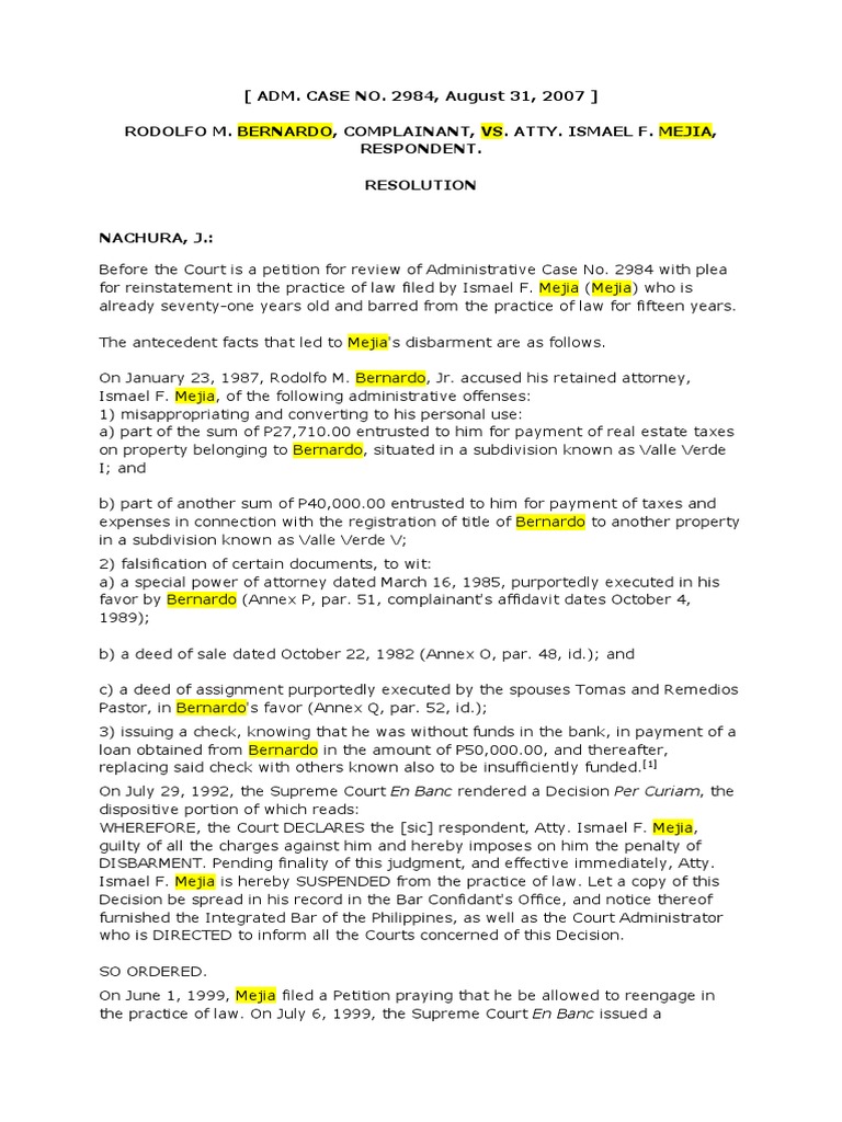 (ADM. CASE NO. 2984, August 31, 2007) Rodolfo M. Bernardo, Complainant ...