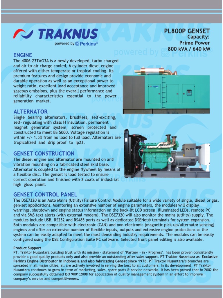 Traknus Genset PERKINS 800 kVA Brochure PDF | PDF