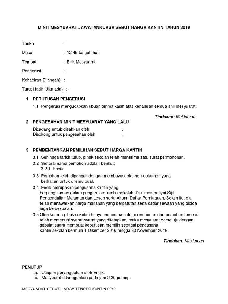 Contoh Format Minit Mesyuarat SEBUT HARGA KANTIN | PDF