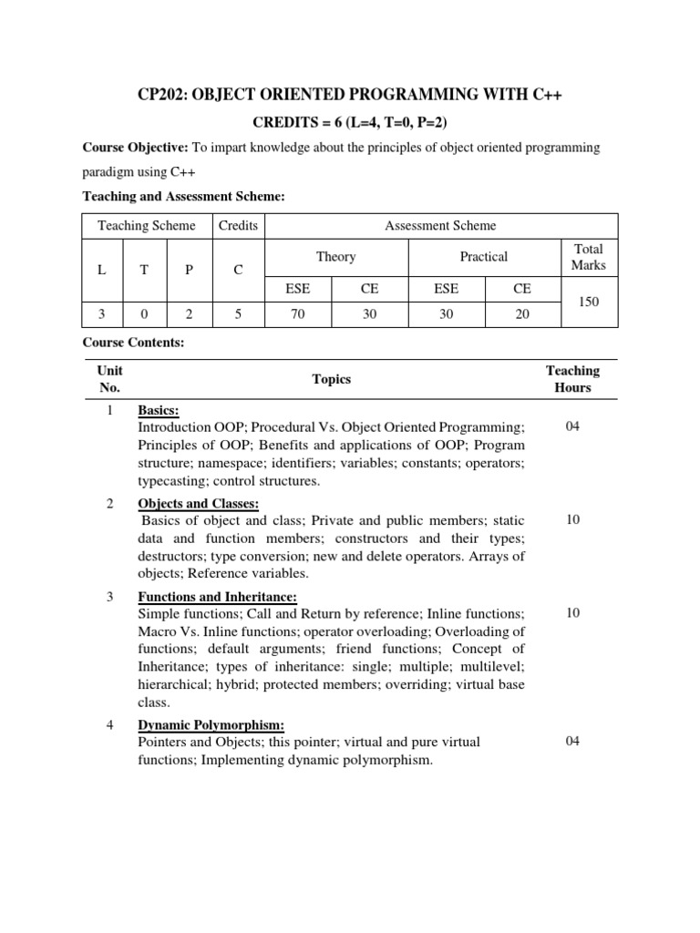 CP202 Object Oriented Programming With C++:: CREDITS 6 (L 4, T 0, P 2 ...