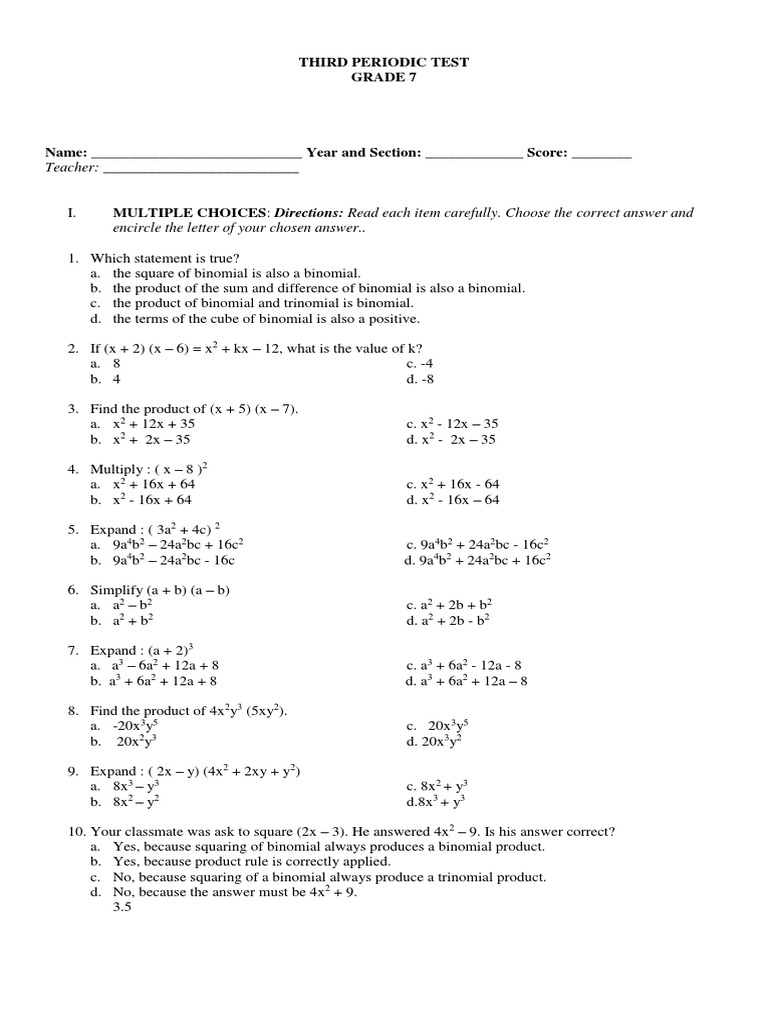Teacher: __________________________: Third Periodic Test Grade 7 ...