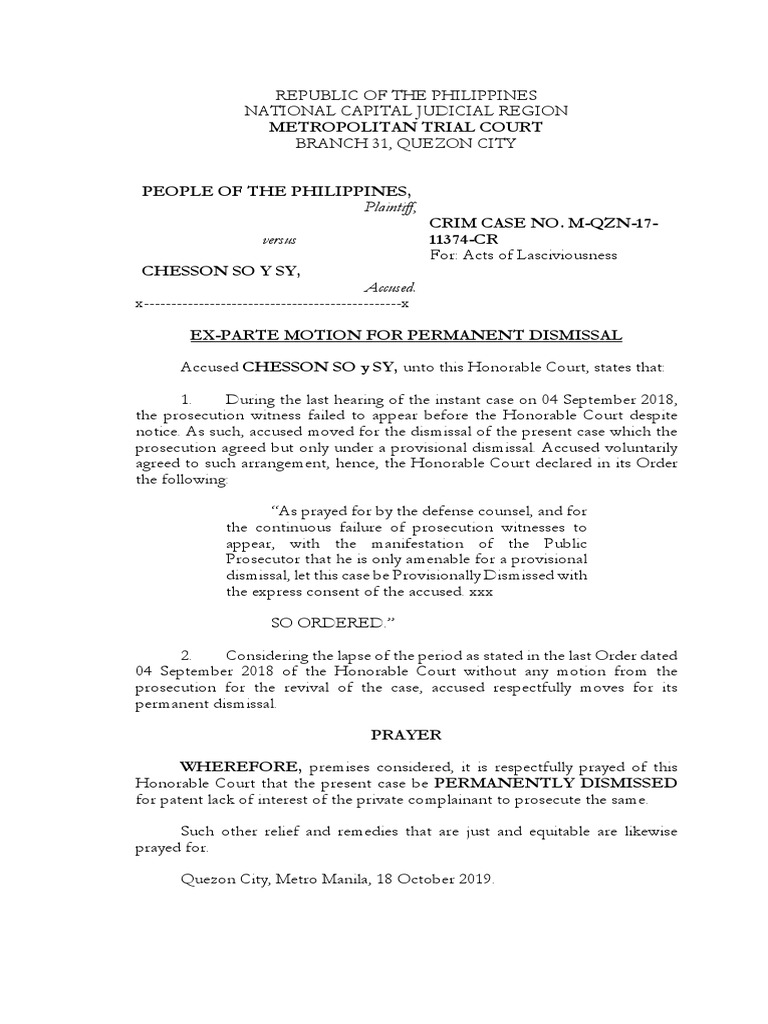 Ex Parte Motion For Permanent Dismissal SO | PDF | Prosecutor | Courts