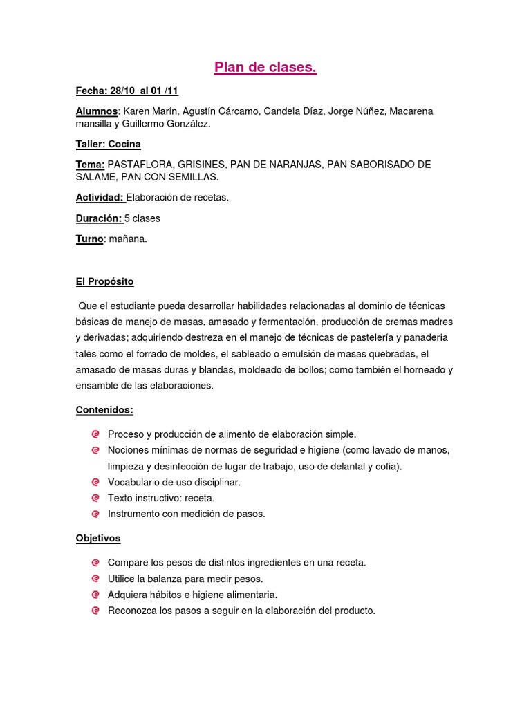 Plan de Clases - Coccina | PDF | Panes | Comida y bebida