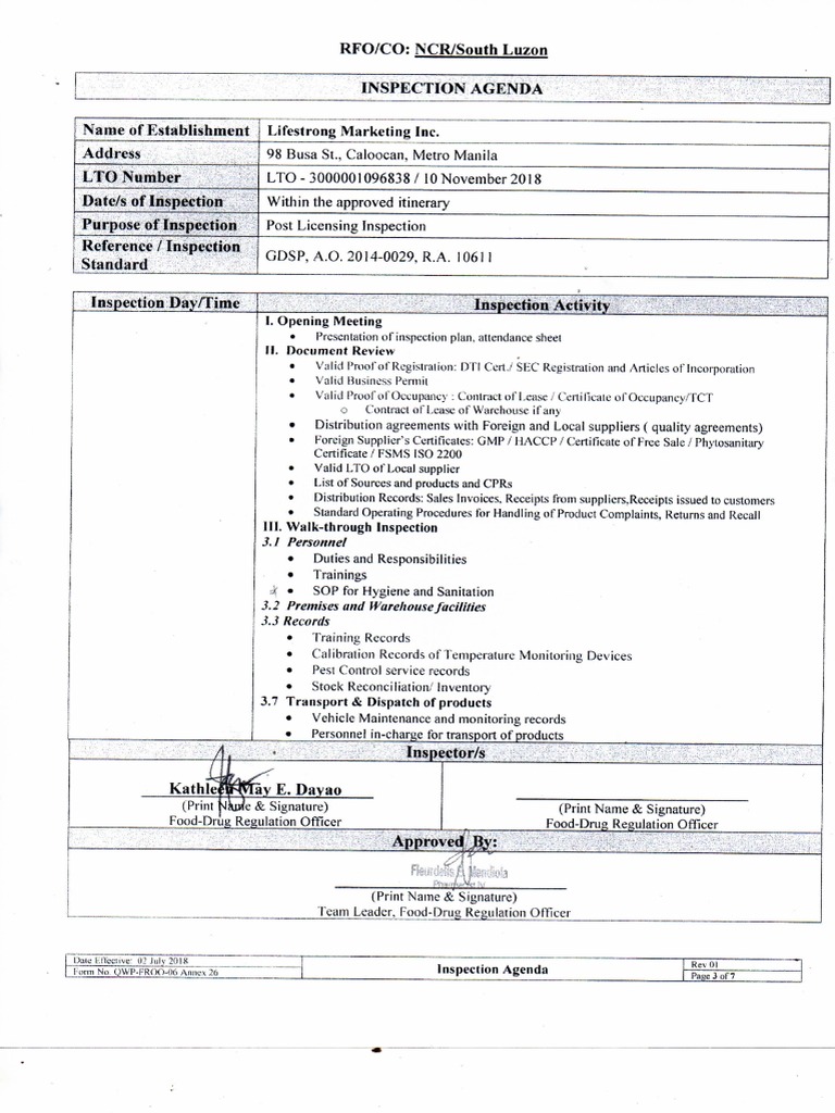 FDA Post Licensing Inspection Checklist | PDF