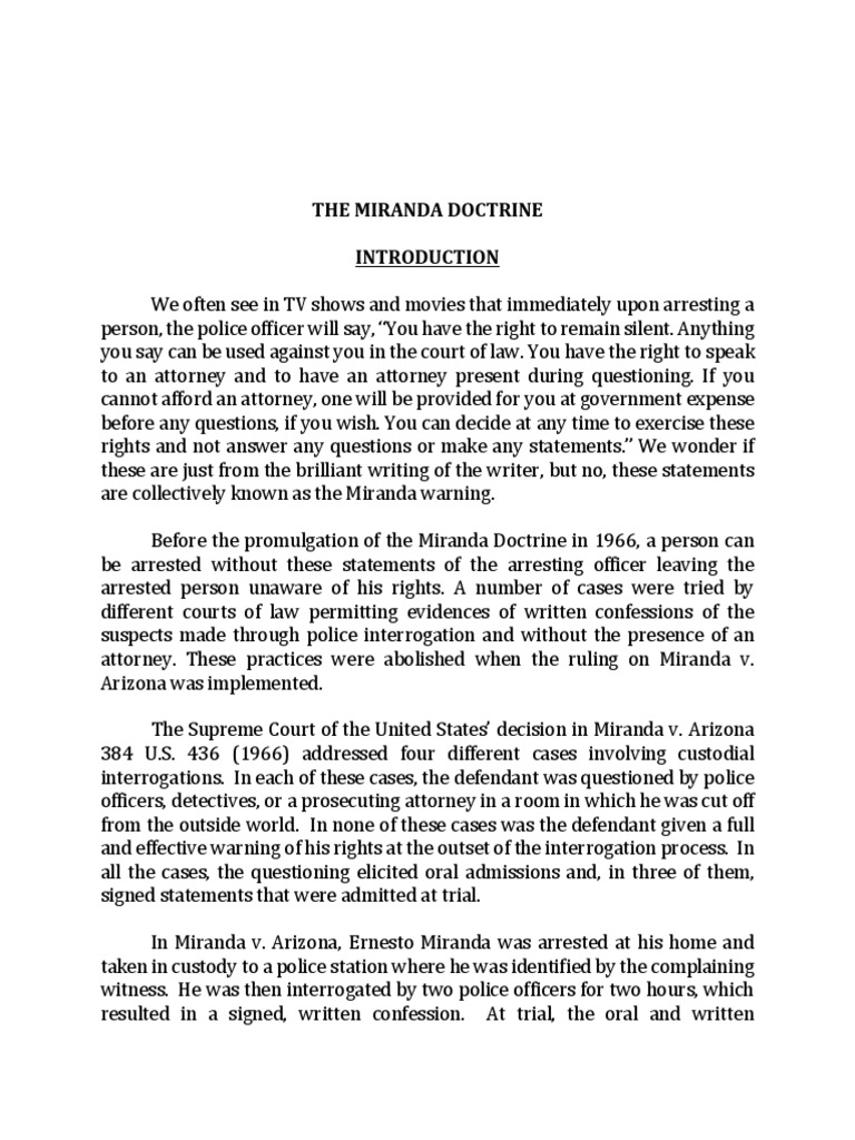 The Miranda Doctrine | PDF | Miranda Warning | Right To Silence