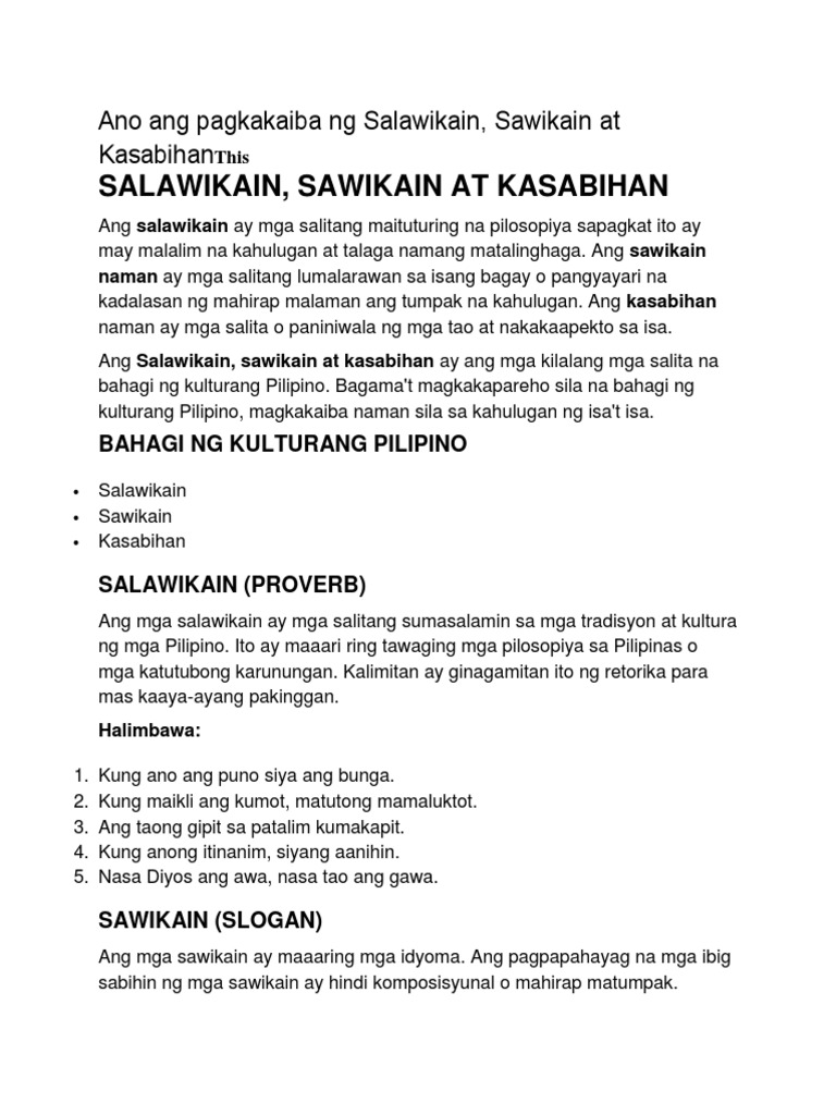 Ano Ang Pagkakaiba NG Salawikain | PDF