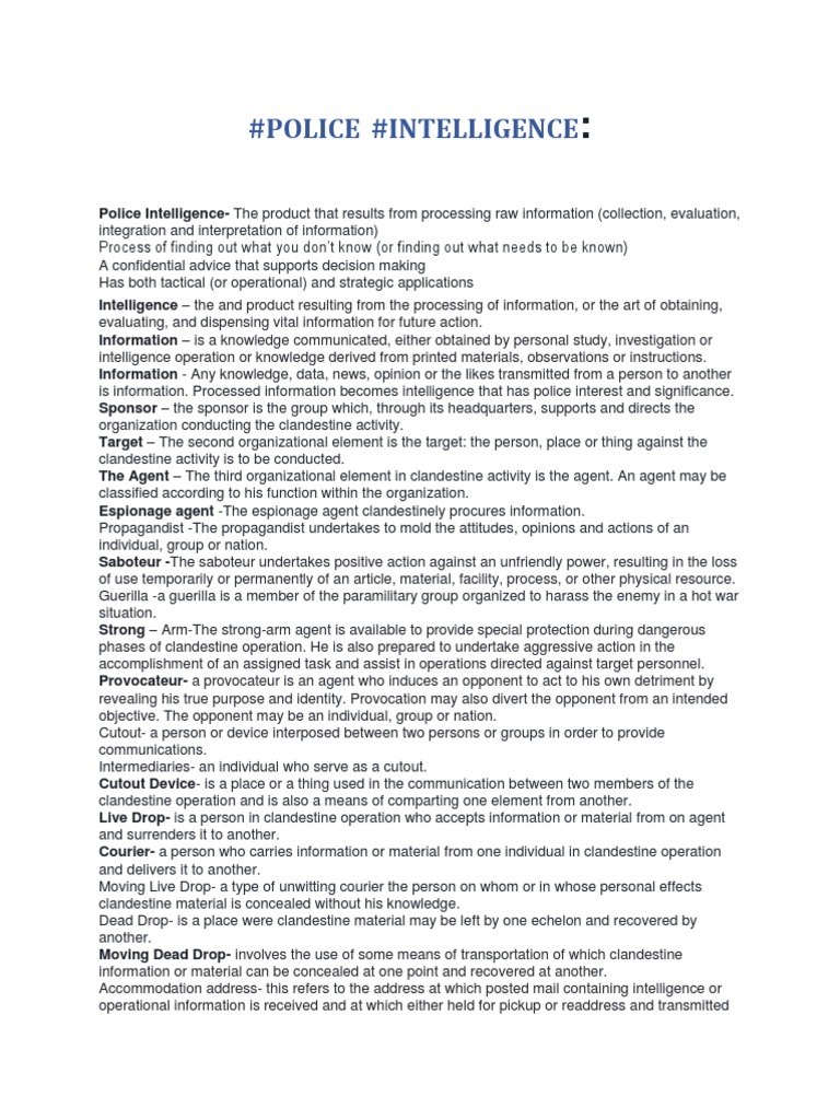 Police Intelligence LECTURES | PDF | Espionage | Reconnaissance