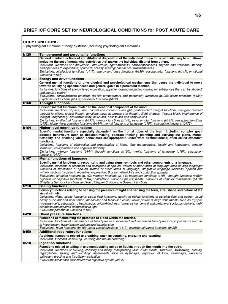 Brief Icf Core Set Neurological Conditions Post Acute Care | PDF ...