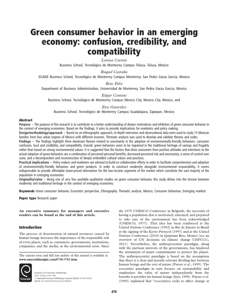 Green Consumer Behavior in An Emerging Economy: Confusion, Credibility ...