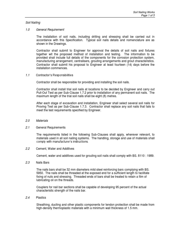 Soil Nailing Specification | Download Free PDF | Plastic | Polyvinyl ...