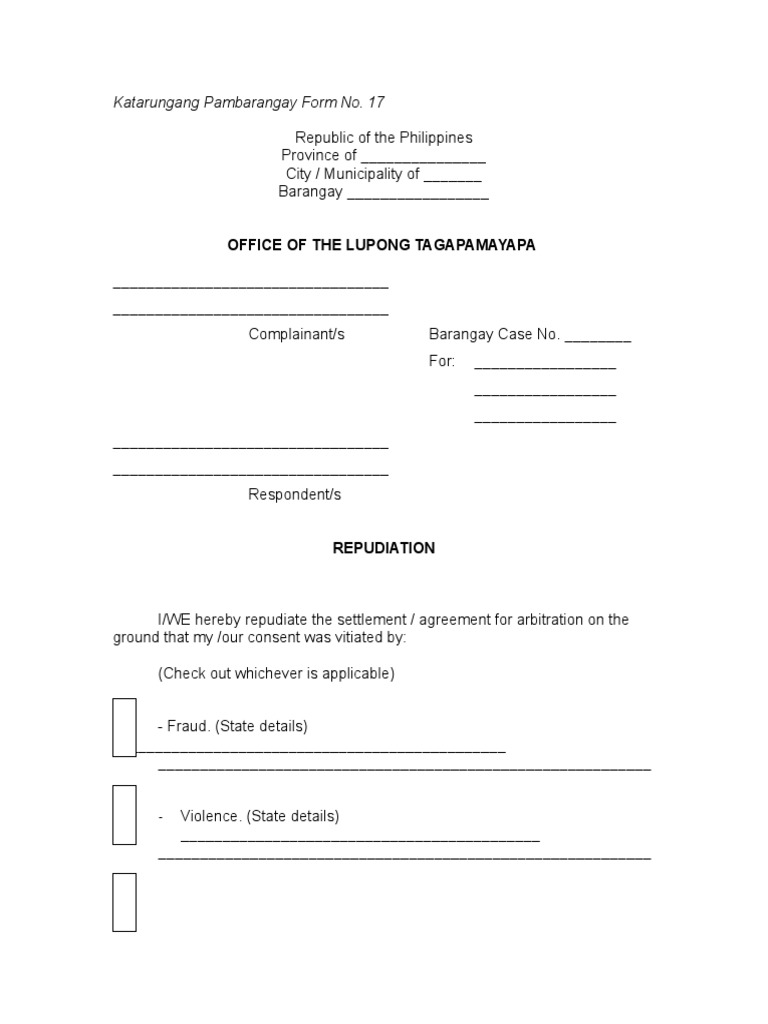 Katarungang Pambarangay Form No. 17: Office of The Lupong Tagapamayapa ...