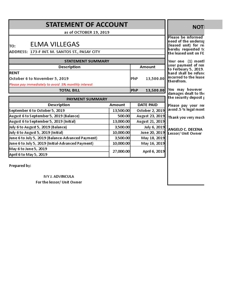 Statement of Account Acd | PDF | Lease | Civil Law (Common Law)