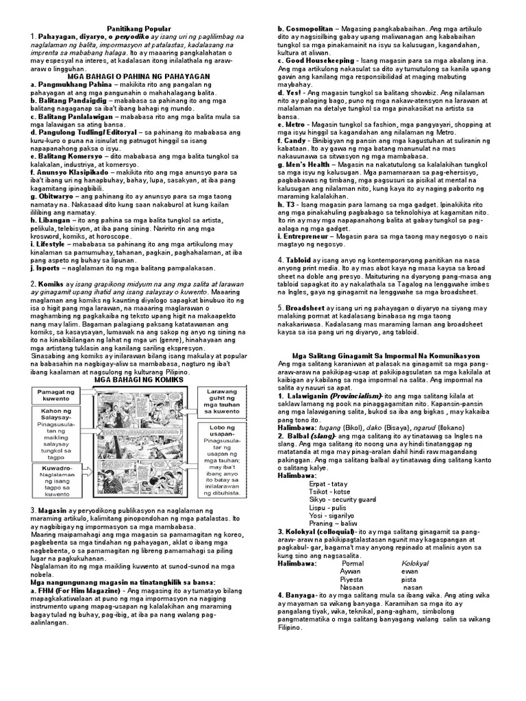 Panitikang Popular - WORKSHEET | PDF