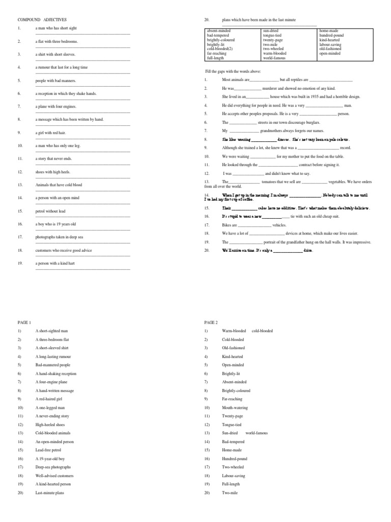Adjective and Compound Adjectives Exercises With Key or Practice | PDF ...