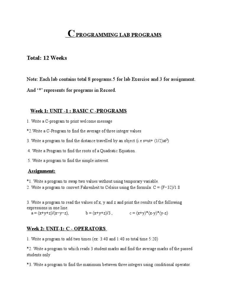 Total 12 Weeks Programming Lab Programs Pdf Pointer Computer Programming Matrix