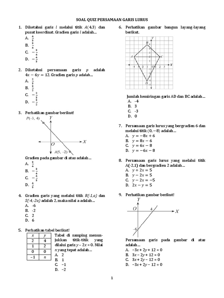 Soal Matematika Kelas VIII Persamaan Garis Lurus | PDF