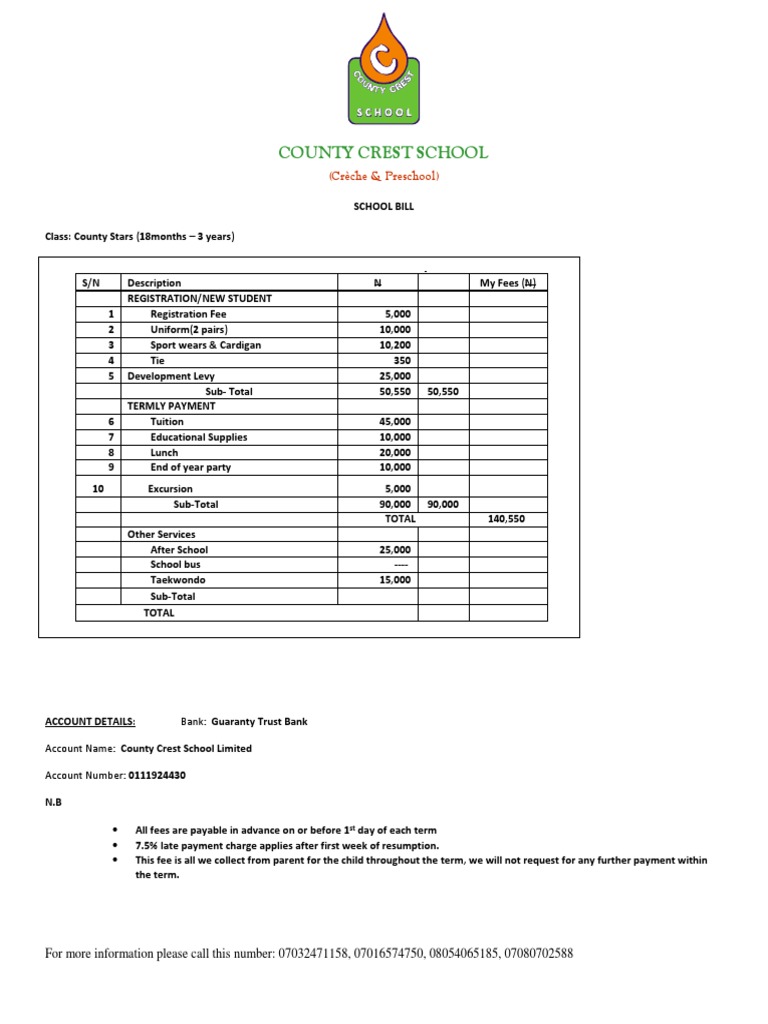 County Crest School: (Crèche & Preschool) | PDF | Tuition Payments | Fee