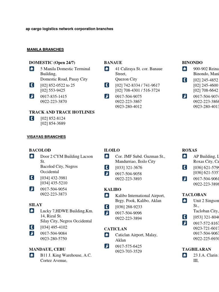 AP Cargo Contact Numbers | PDF | Mindanao | Southeast Asia