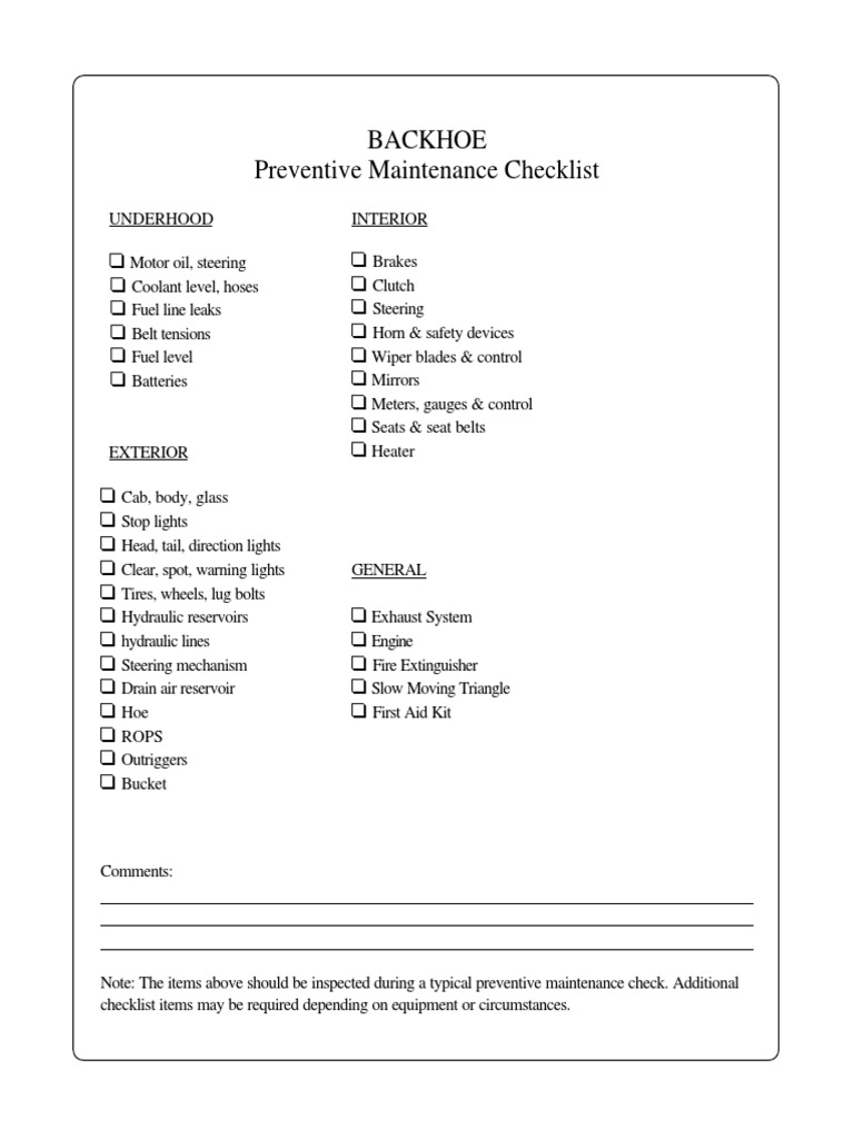Backhoe Preventive Maintenance Checklist | PDF