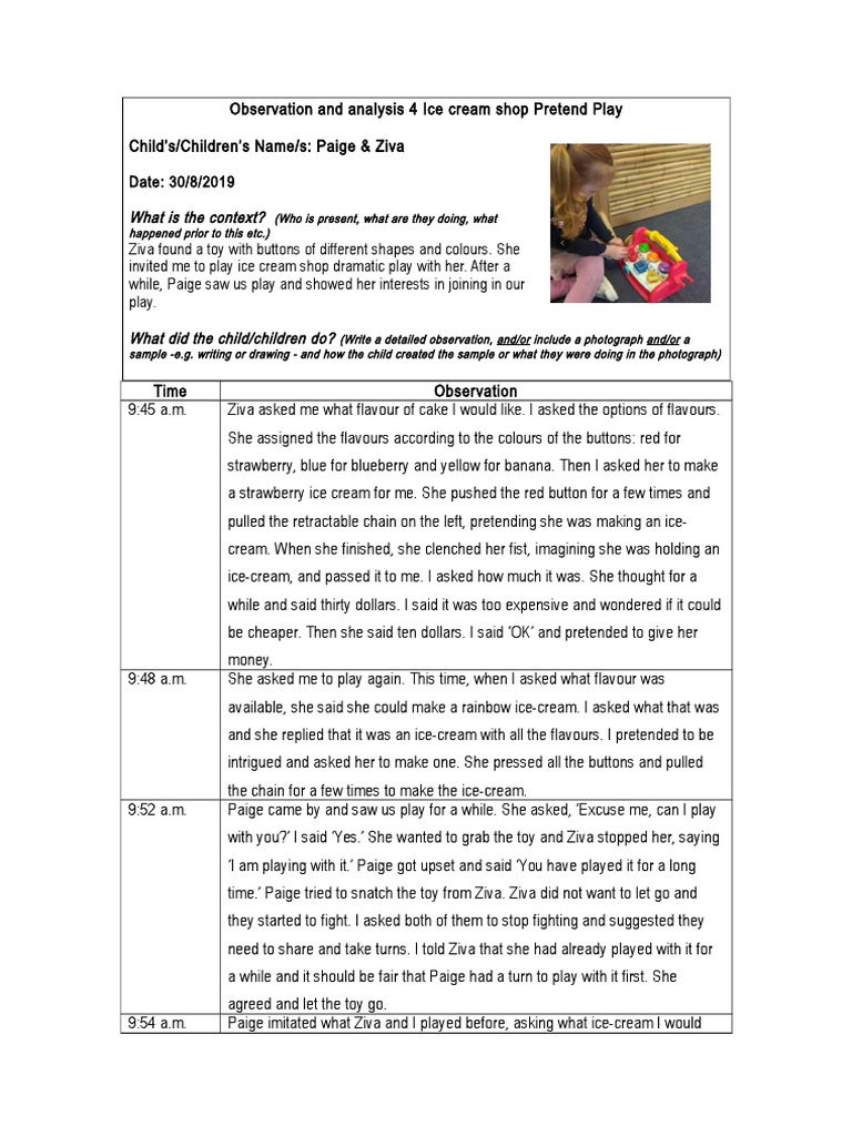 Observations 3 Ice-Cream Shop Dramatic Play Paige Ziva | PDF ...