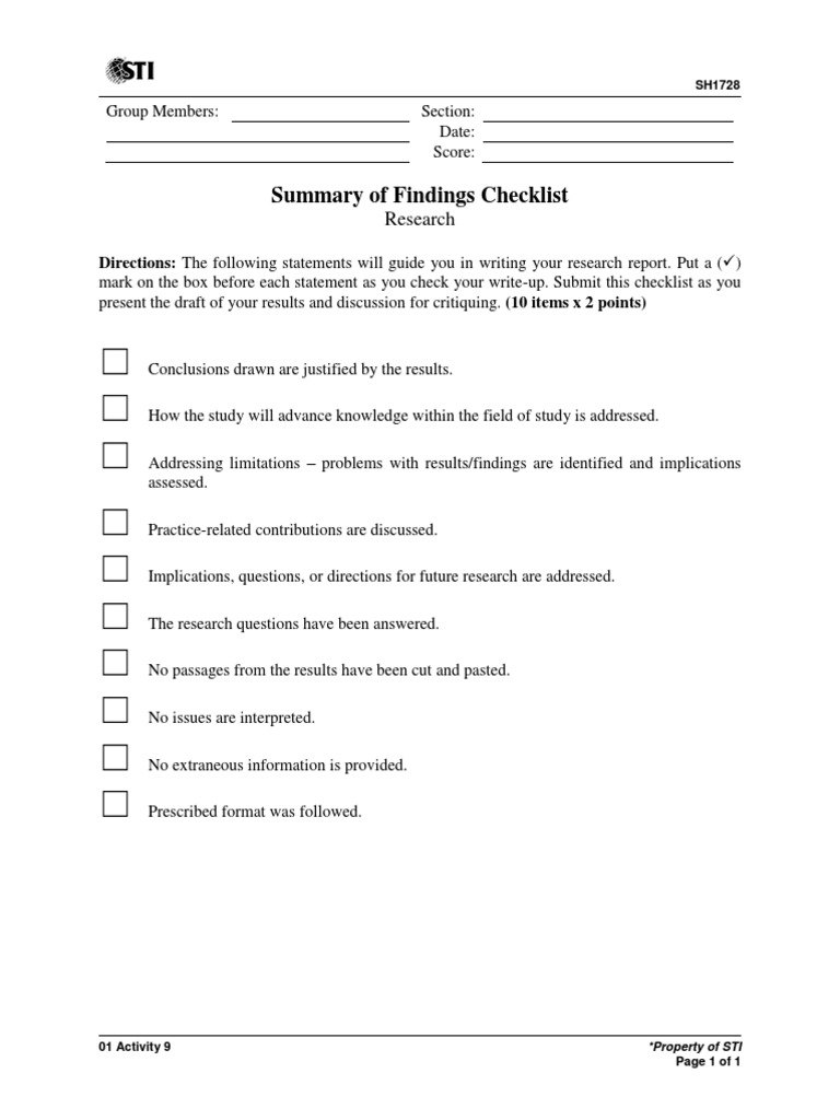Summary of Findings Checklist: Research | PDF
