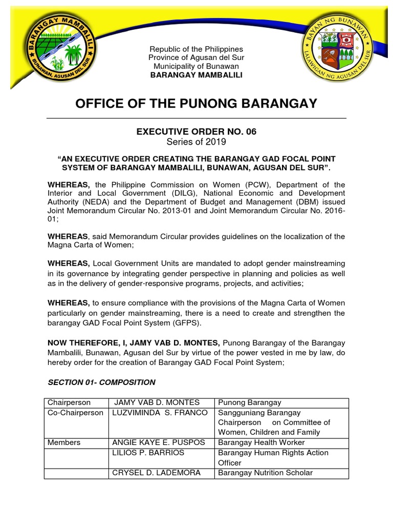 Executive Order No. 06, Series of 2019 - Creation of GAD Focal Point System | PDF | Social ...