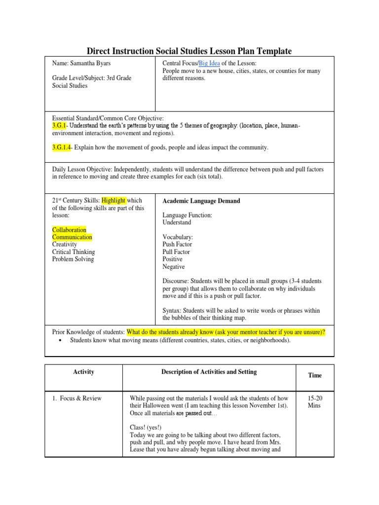 Direct Instruction Social Studies Lesson Plan Template | PDF | Lesson Plan | Reason