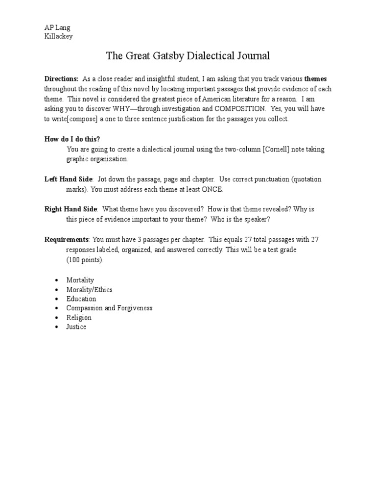 Great Gatsby Dialectical Journal Guide | PDF