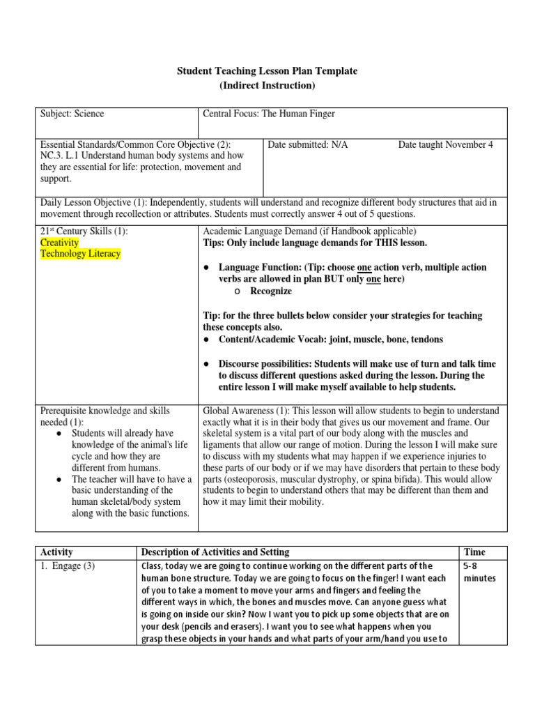 Student Teaching Lesson Plan Template (Indirect Instruction) | Download ...