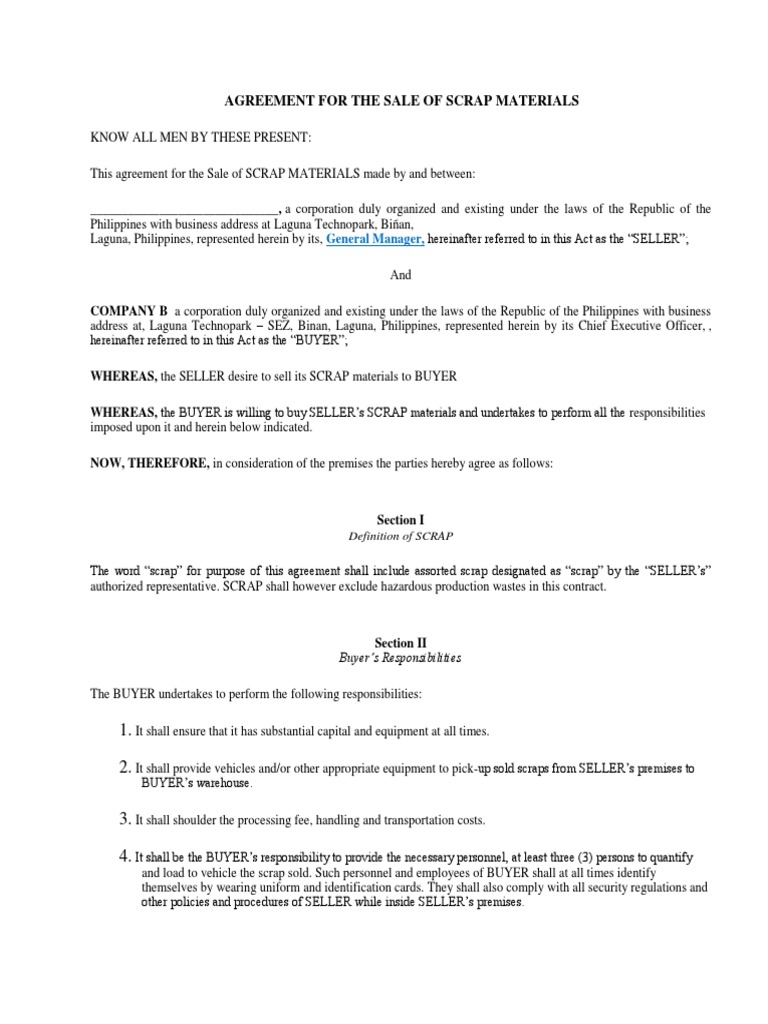 Agreement For The Sale of Scrap | PDF | Scrap | Payments