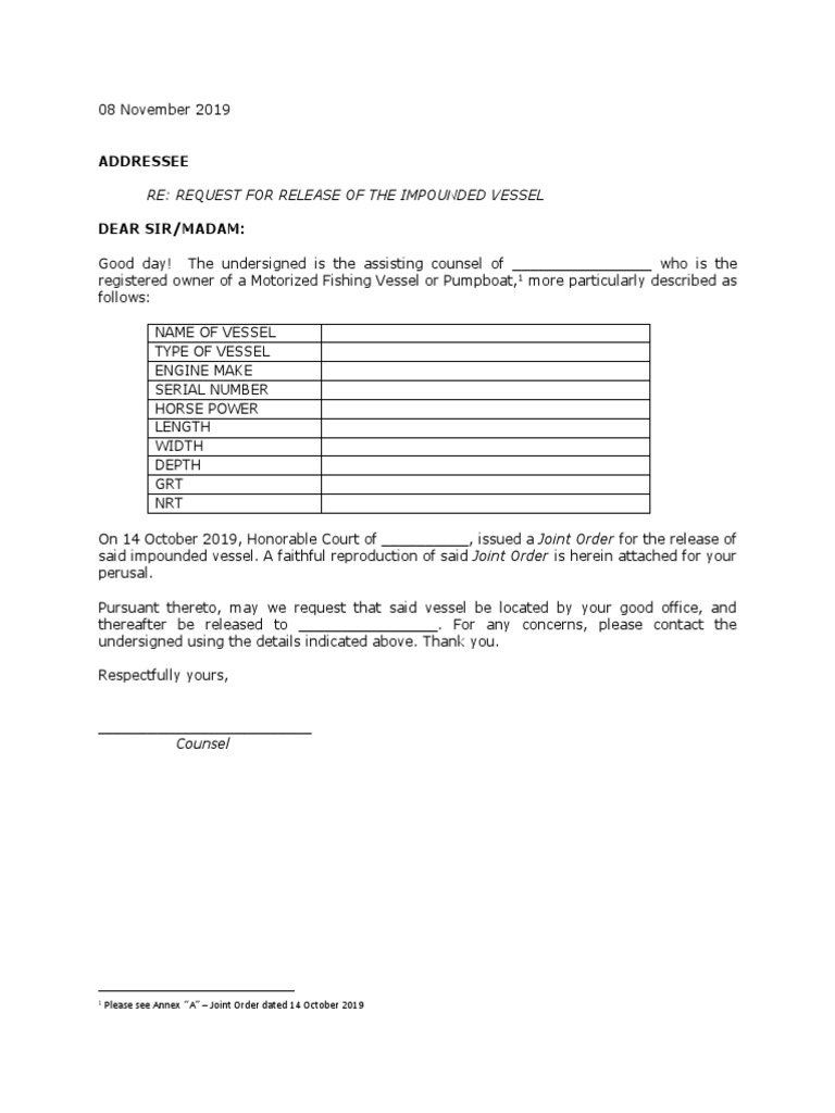 Letter Request Release of Impounded Vehicle | PDF | Vehicles | Transport