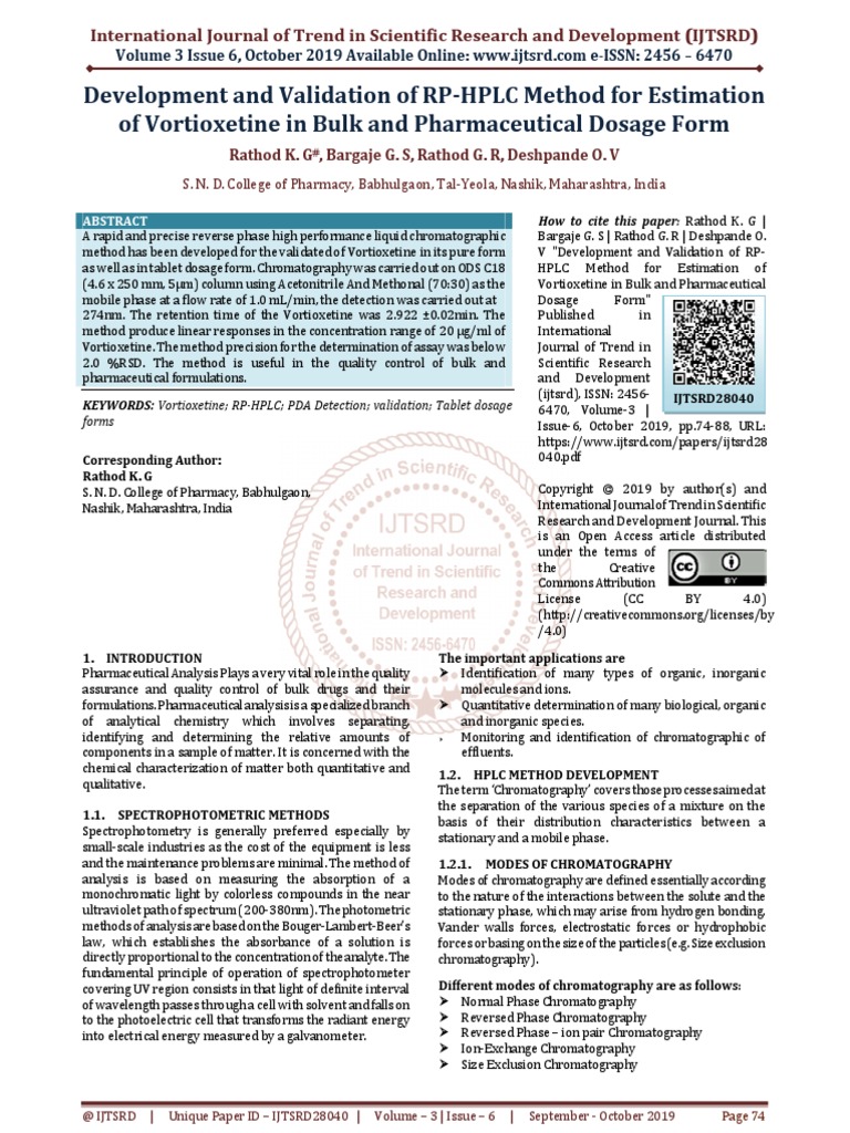 Development and Validation of RP HPLC Method For Estimation of Vortioxetine in Bulk and ...