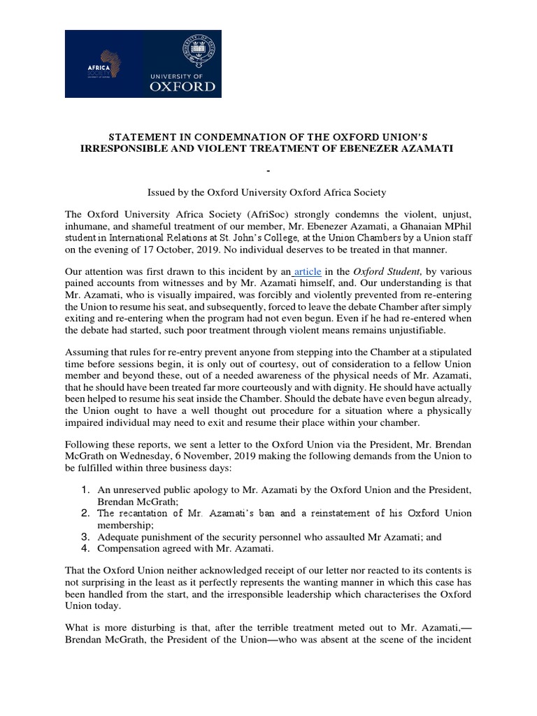 Oxford Africa Society Press Statement On Ebenezer Azamati Case | PDF ...