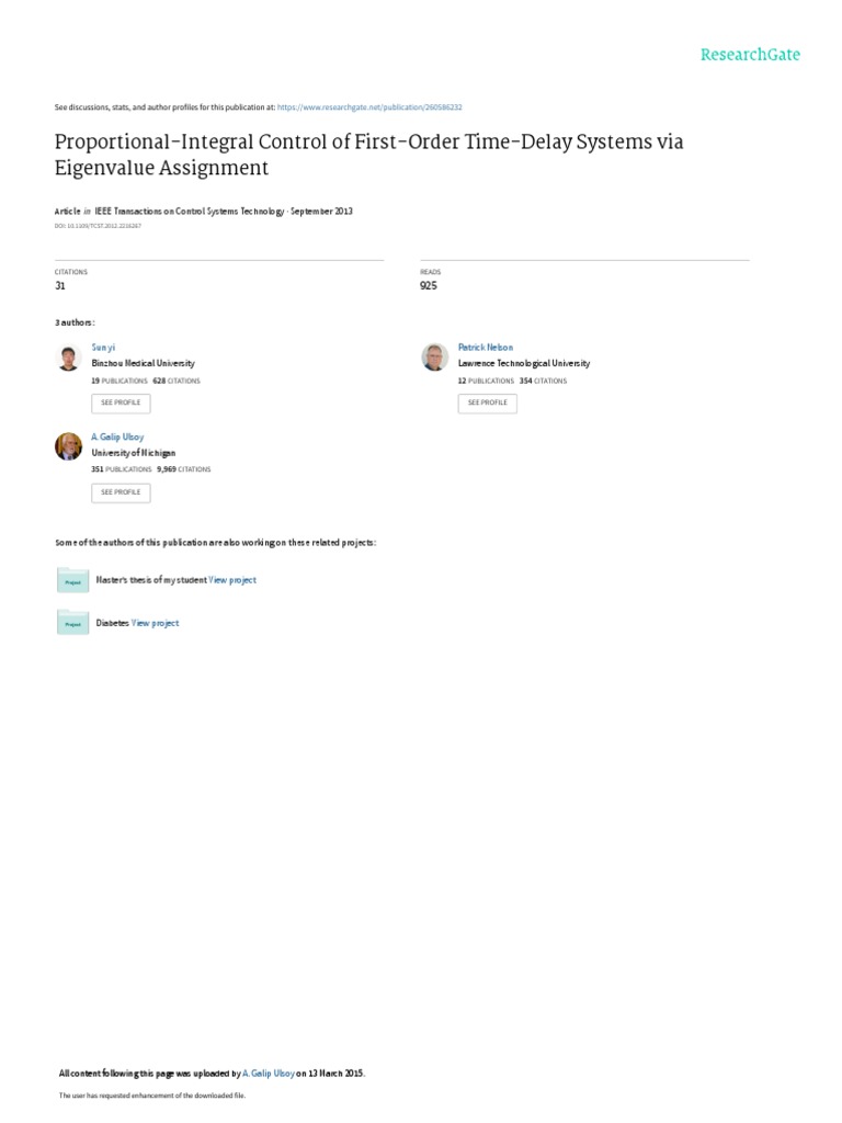 Proportional-Integral Control of First-Order Time-Delay Systems Via Eigenvalue Assignment | PDF ...