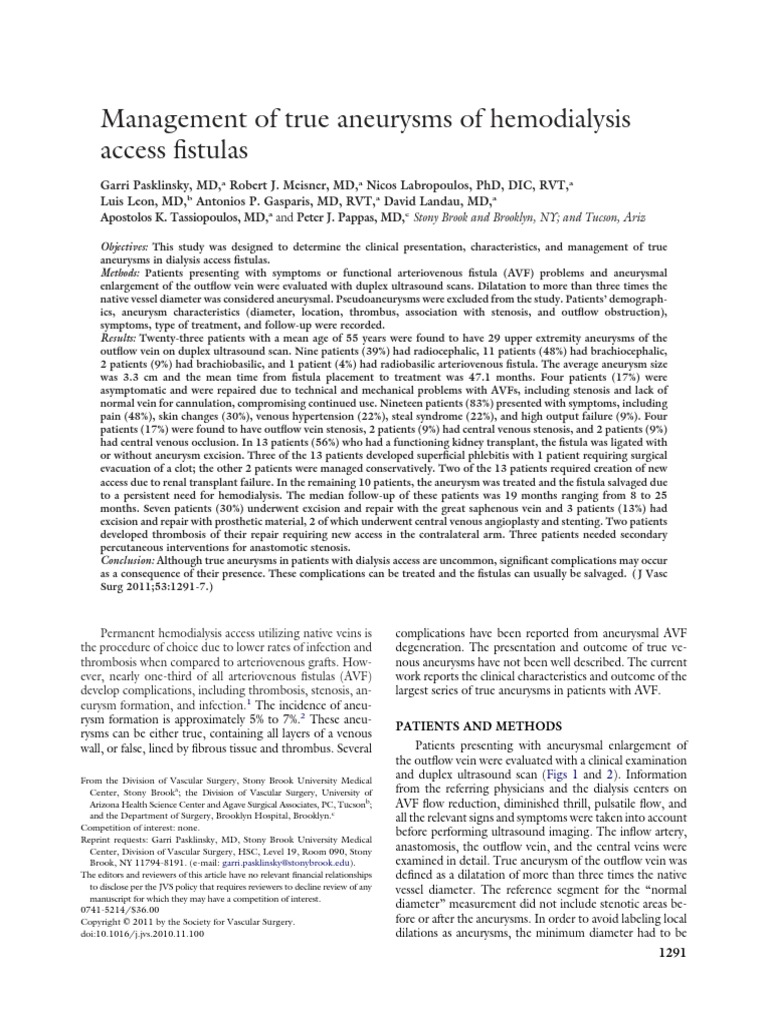 Management of True Aneurysms of Hemodialysis Access Fistulas | PDF ...