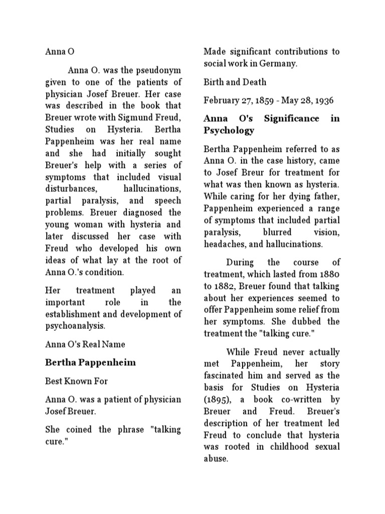 Anna O's Significance in Psychology | PDF | Sigmund Freud | Neuroscience