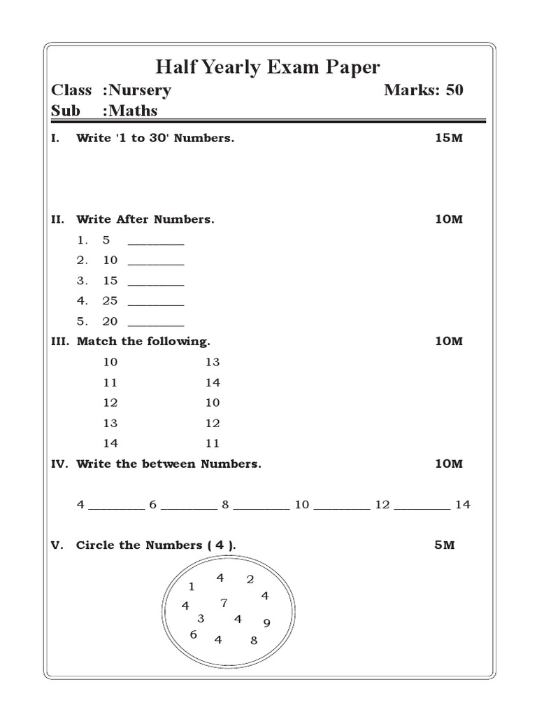 Half Yearly Exam Paper: Class:Nursery Marks: 50 Sub:Maths | PDF