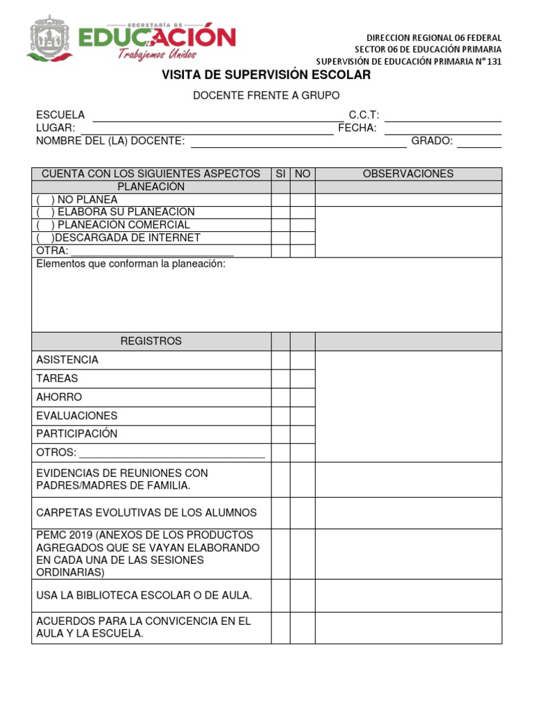 Formato de Registro de Visita Escuelas Sup 131 2019-2020 | PDF | Salón ...