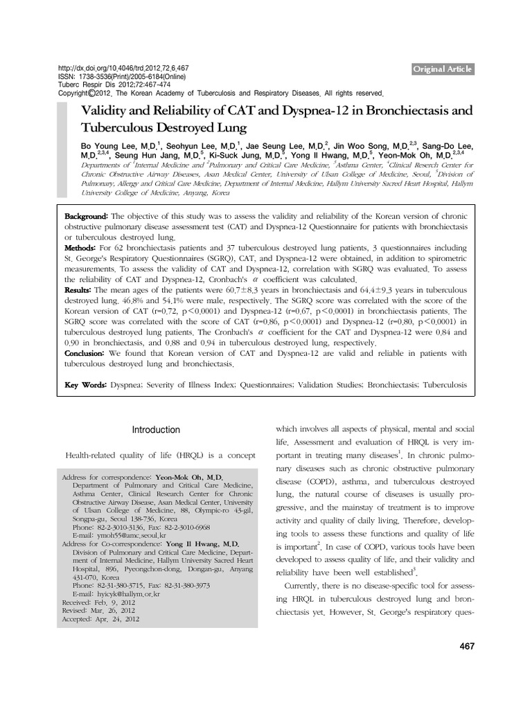 Validity and Reliability of CAT and Dyspnea-12 in Bronchiectasis and ...