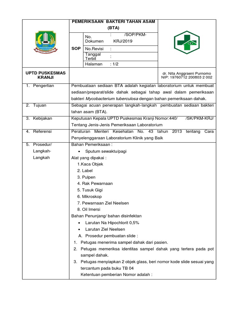 8.1.1.1 SOP Pemeriksaan Bakteri Tahan Asam (BTA) | PDF