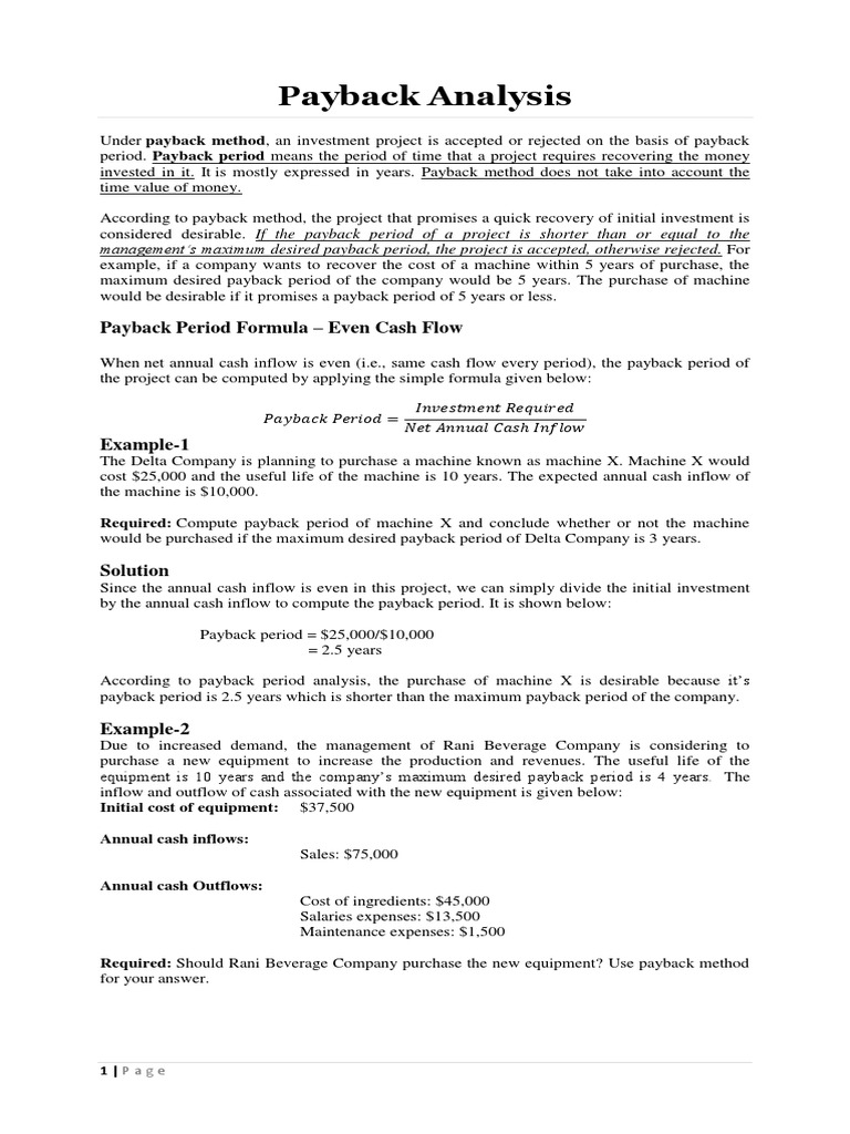 Payback Analysis: Payback Period Formula - Even Cash Flow | PDF ...