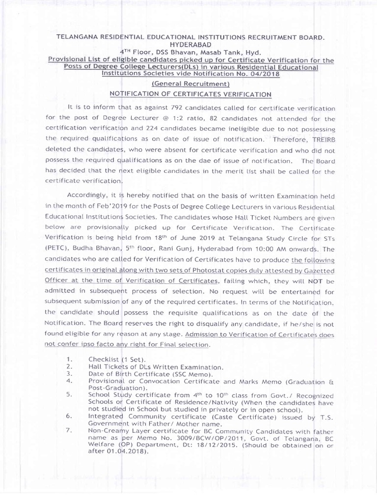 Notification of Candidates Selected for Certificate Verification for ...