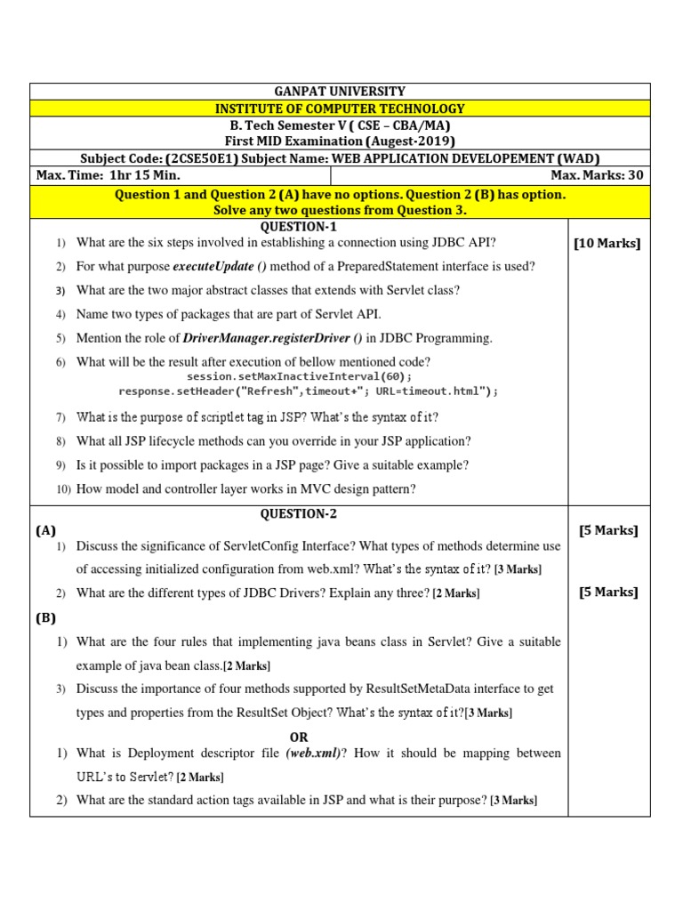 WAD Internal Question Paper | PDF | Java Server Pages | Java Servlet