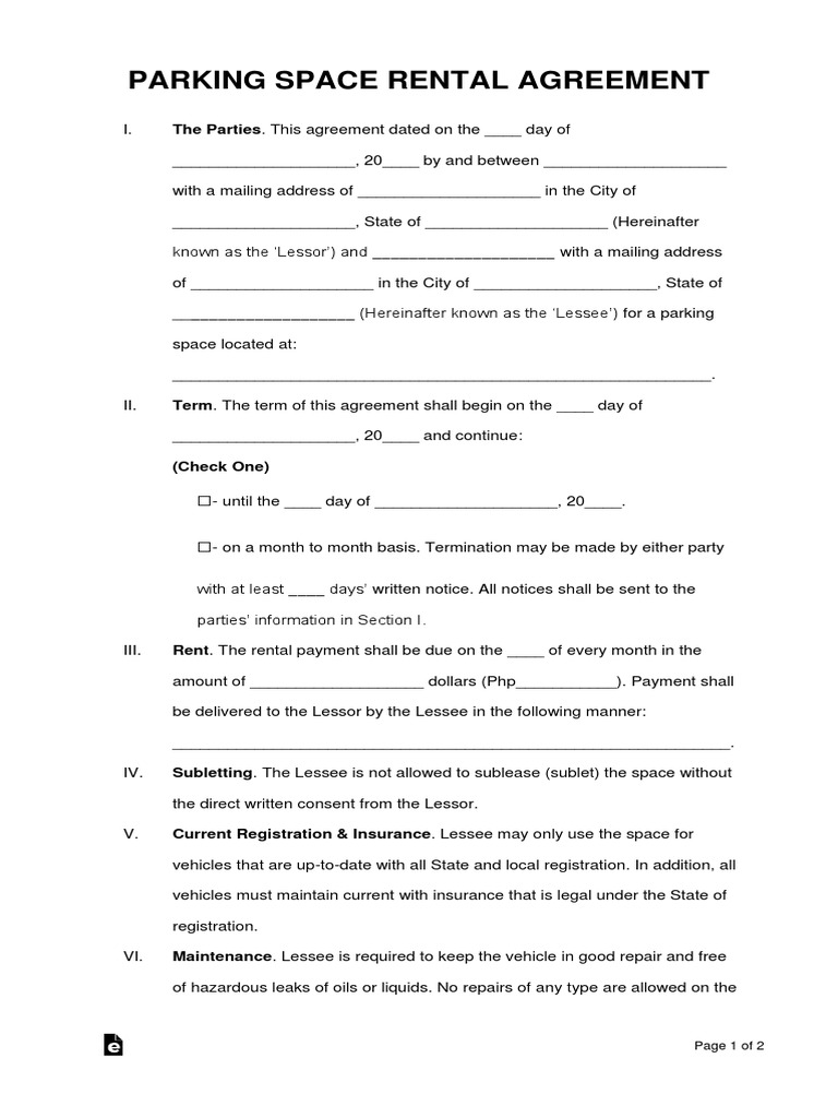 Parking Space Rental Agreement Template | Download Free PDF | Lease ...