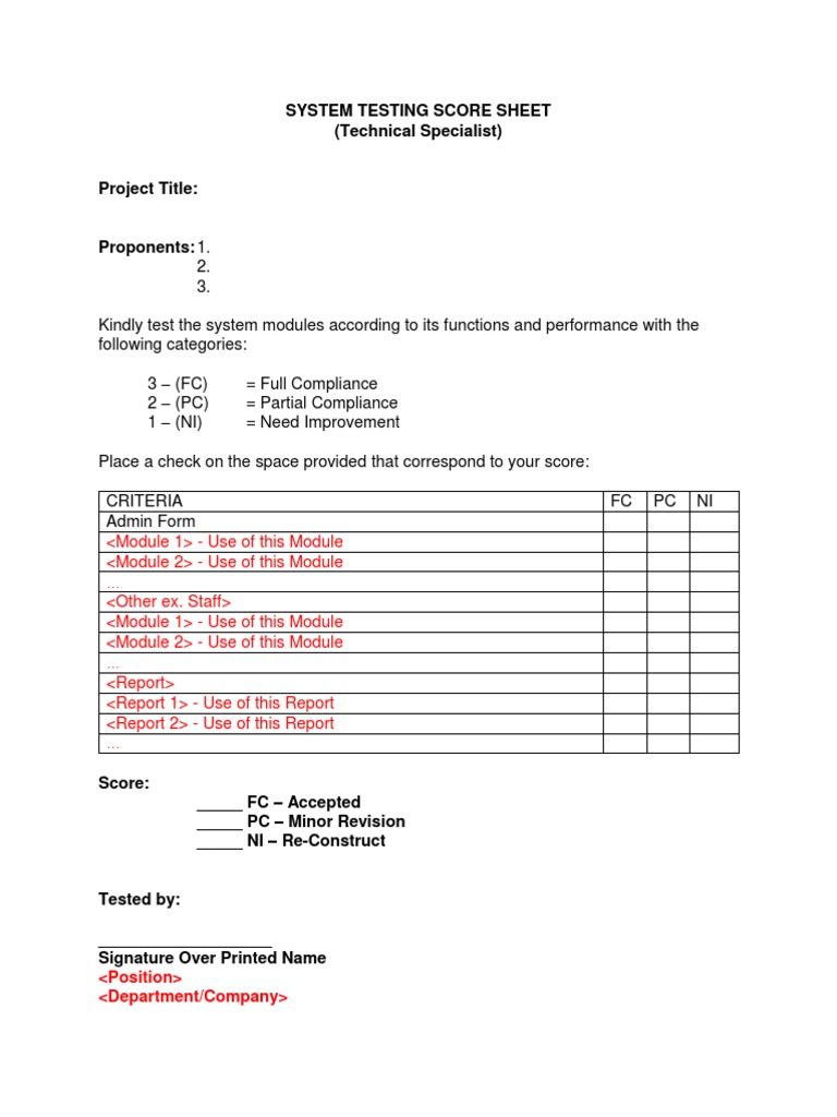 System Testing Score Sheet (Technical Specialist) | PDF | Personal ...