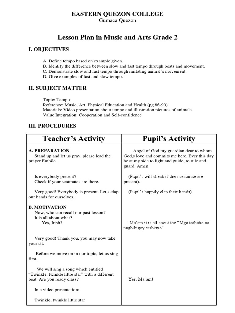 Teacher's Activity Pupil's Activity: Lesson Plan in Music and Arts ...
