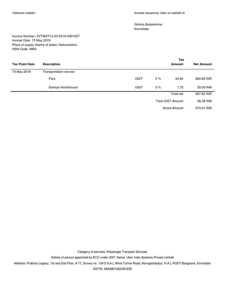 Uber GST Invoice Sample 2019 | PDF