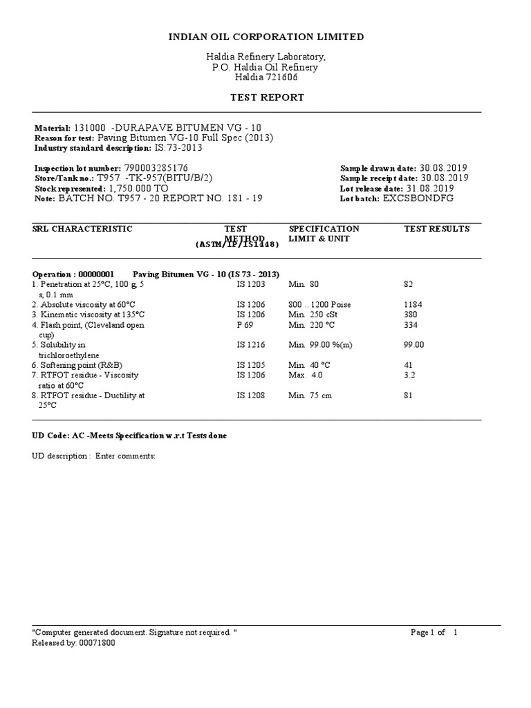 Test Certificate of Bitumen | PDF | Asphalt | Viscosity