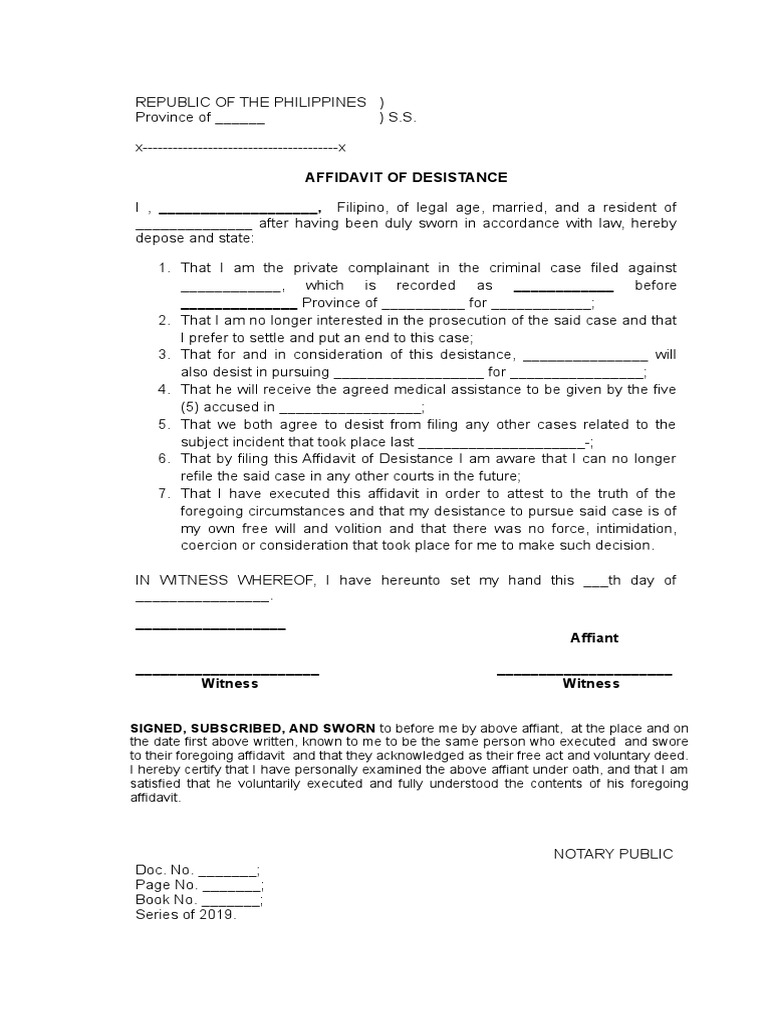 Affidavit of Desistance Sample | PDF | Affidavit | Criminal Law