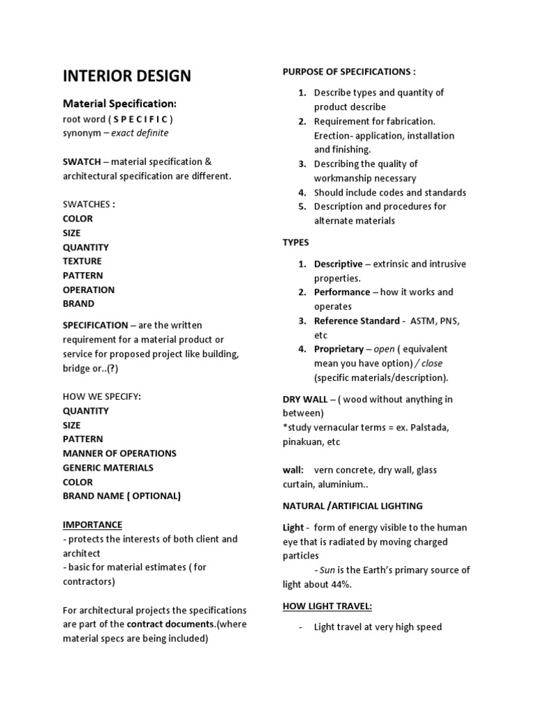 Interior Design: Material Specification | PDF | Lighting | Light